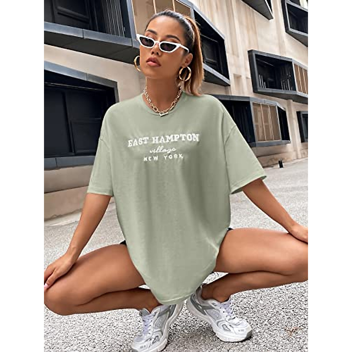 Cozyease Women's Letter Print Oversized Short Sleeve Round Neck Casual T Shirt Top Mint Green M