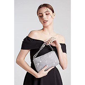YIKOEE Sparkly Rhinestone Clutch Purse Evening Bag for Women with Chunky Chain (Silver)