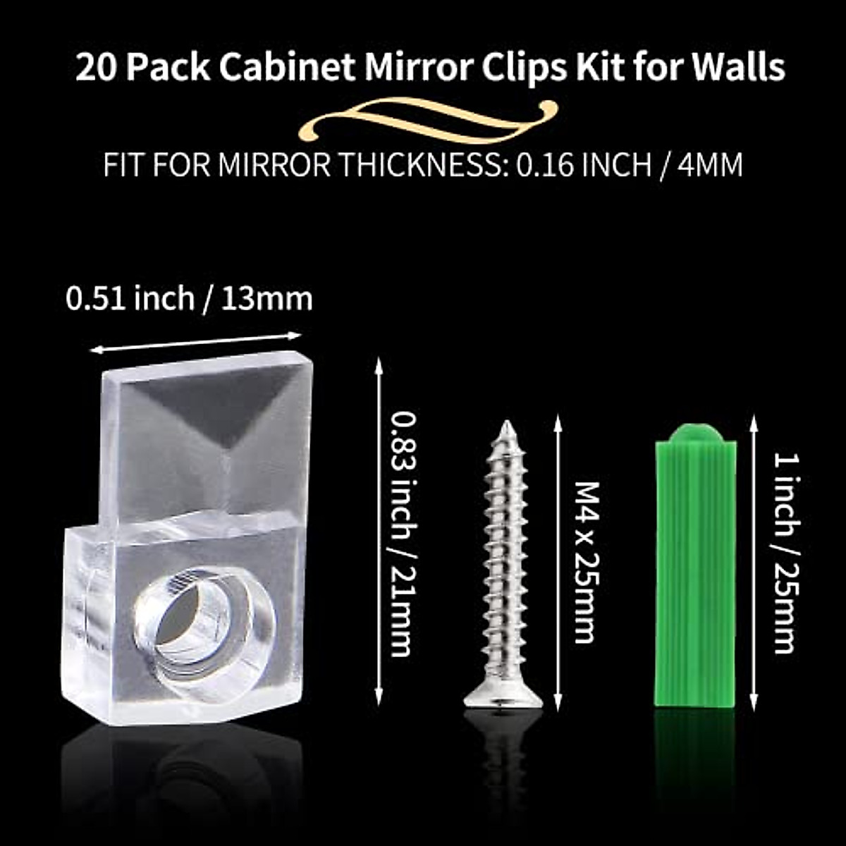 Qjaiune 20 Pack Mirror Holder Clips for Walls, Clear Retainer Clips Cabinet Glass Holder Clip, Wall Mirror Mount Kit Frameless Mirror Hanging Hardware for Vanity Mirror Window Screen (Classic Style)