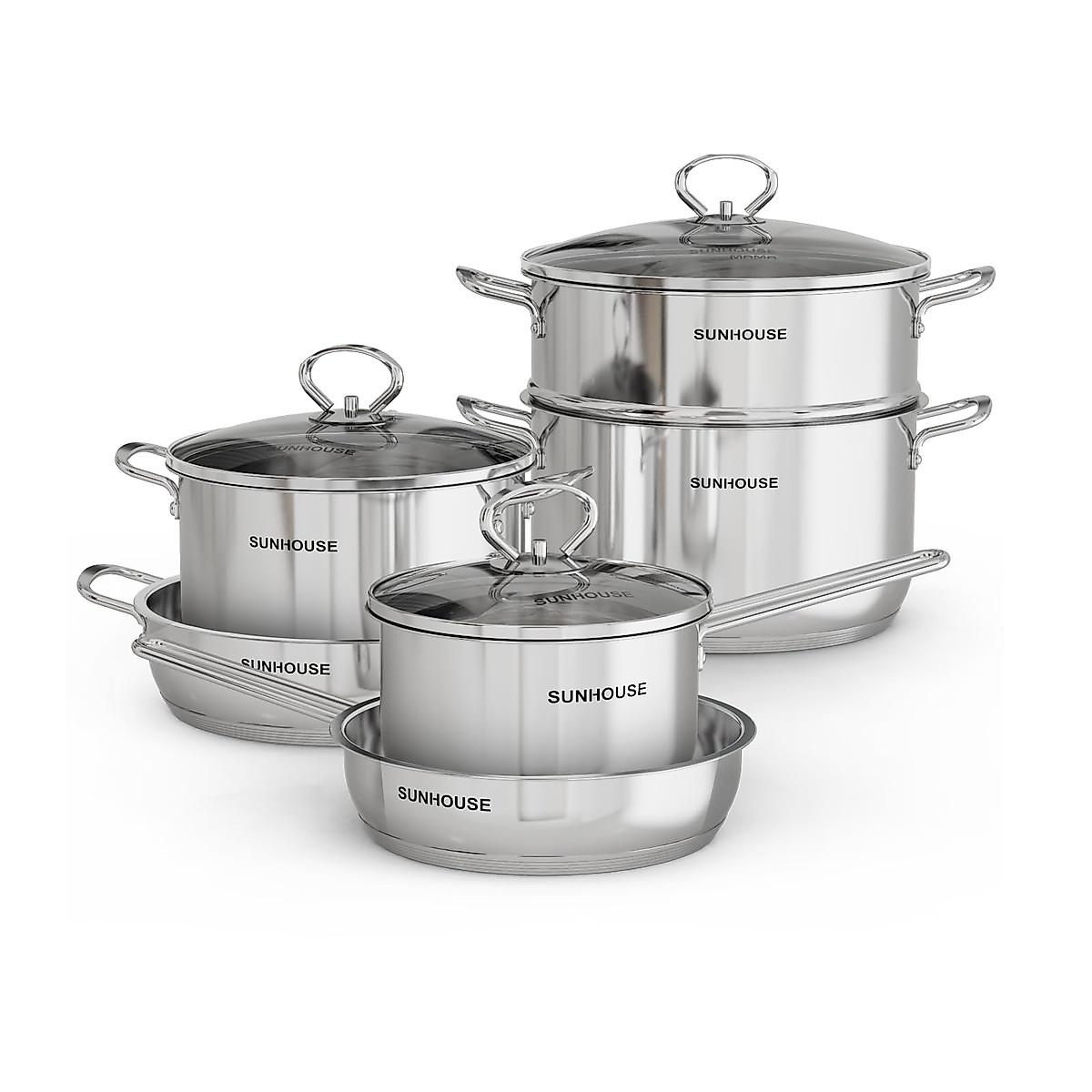 SUNHOUSE - Stainless Steel Cookware Set with PFOA-free, 18/10 Stainless Steel Pots and Pans Set - Tasty Cookware Set Including Saucepan, 2 Stock Pots, Steamer and 2 Frying Pans (9-Pieces Cookware Set)