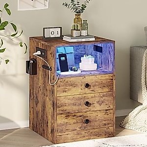 LIKIMIO Nightstand with Charging Station and 3 Drawers, LED Lights End Side Table with interchangeable sockets and Hooks, Vintage Brown