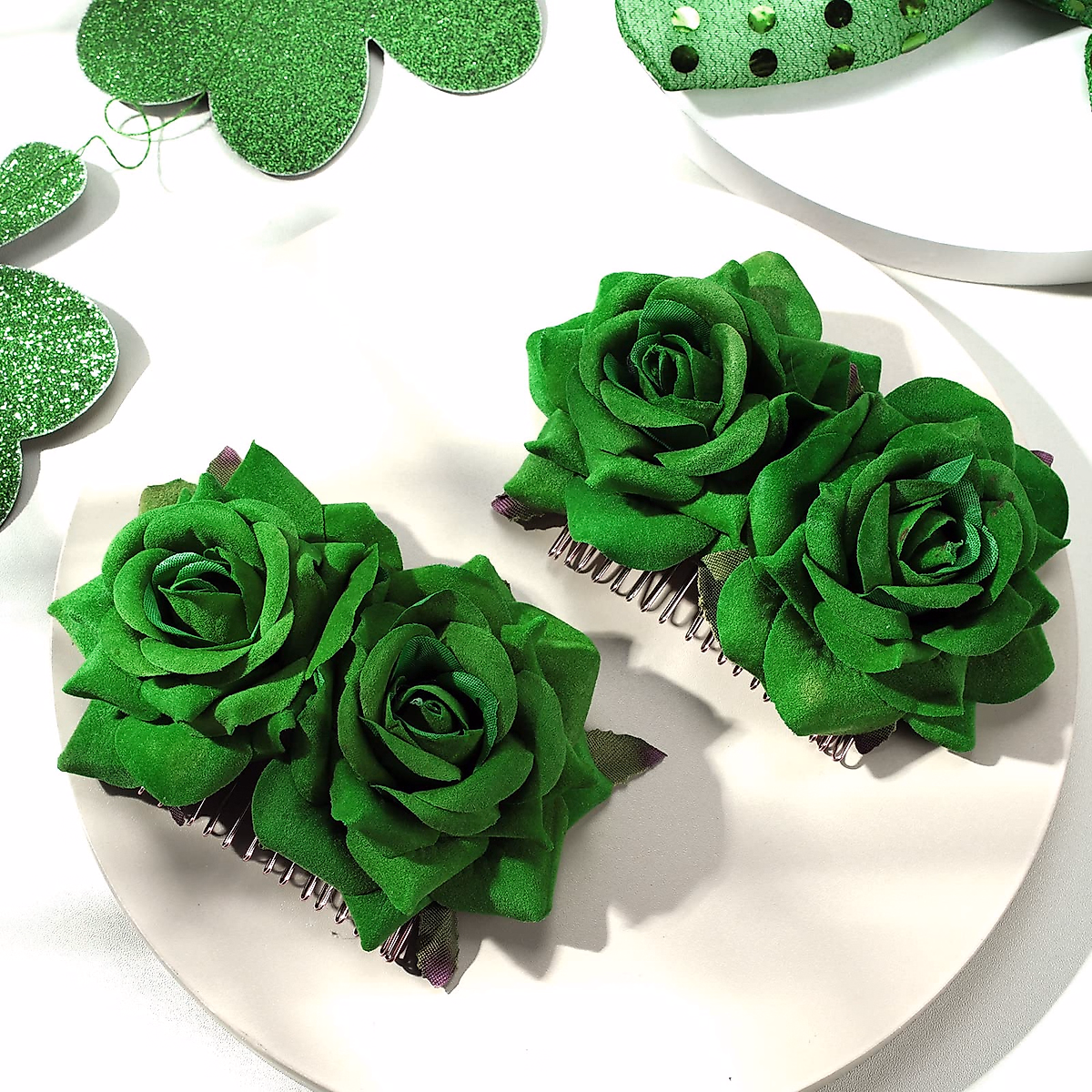 MTLEE 2 Pieces Green Rose Flower Hair Clip St. Patrick's Hair Accessories Irish Rose Hairpin St. Patrick's Day Hair Clip Comb for Girls Girlfriends Women St Patrick's Day Party Decorations
