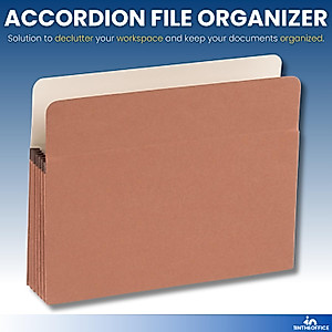 1InTheOffice Expanding File Pockets, Accordion File Organizer, Letter Size, Brown Redrope, 8 1/2" x 11", 1200 Sheet Capacity, 5 1/4", 10 Pack