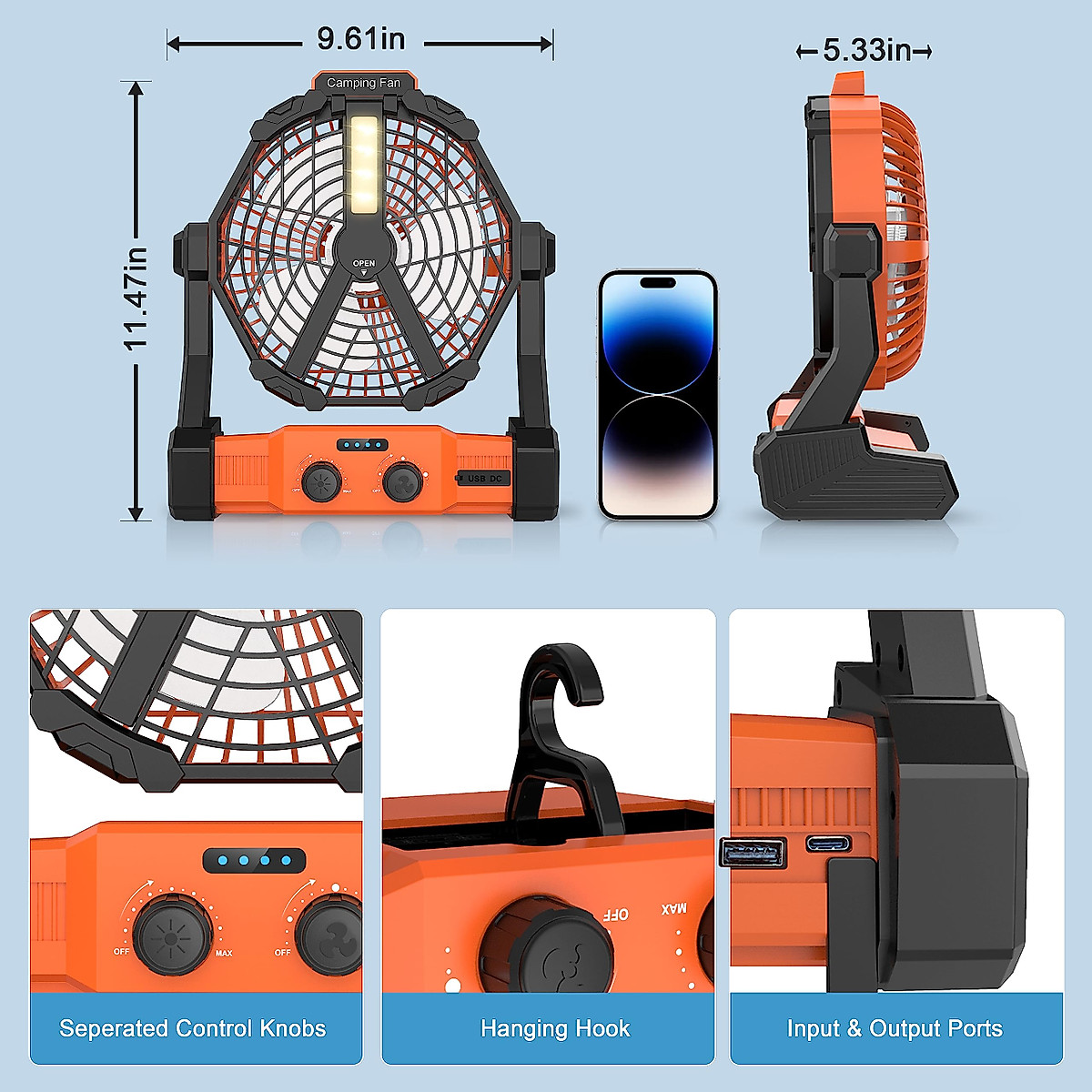 trekkinglamb 8000mAh 3 Speed Battery Powered Fan with Hook Handle, Personal Fan Camping Fan for Tent Camping Hiking Power Outage, Rechargeable Fan Camping with Reading Lamp Led Lantern
