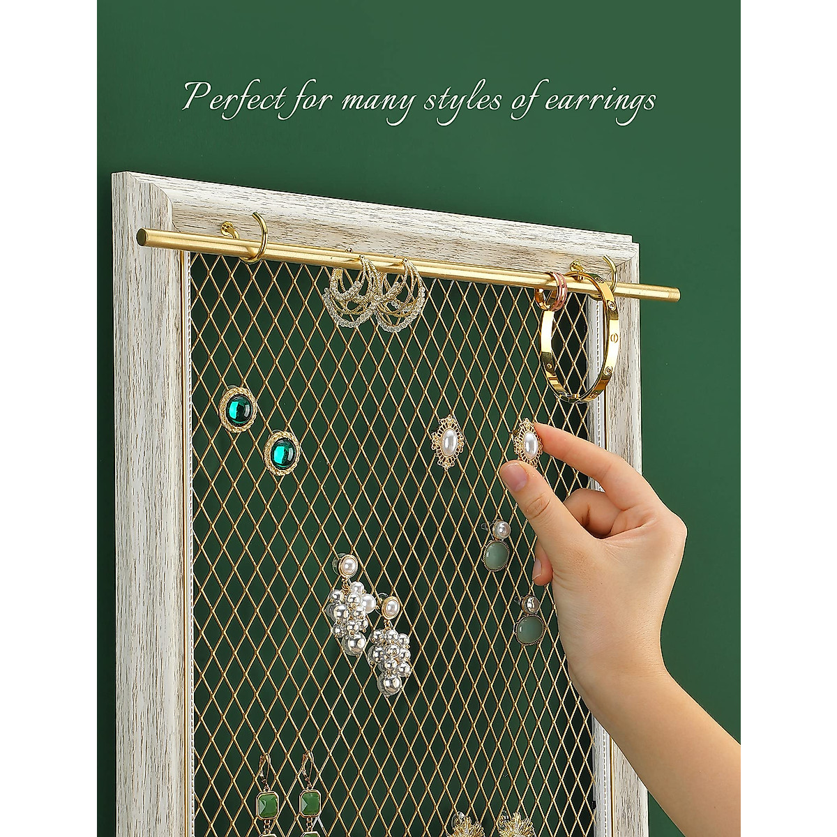 Heesch Hanging Earring Organizer Frame Wall Mounted Jewelry Holder Vintage Rustic Stud Earring Display with Removable Rod and 12 Hooks for Necklaces, Bracelets and Rings (Distressed White)