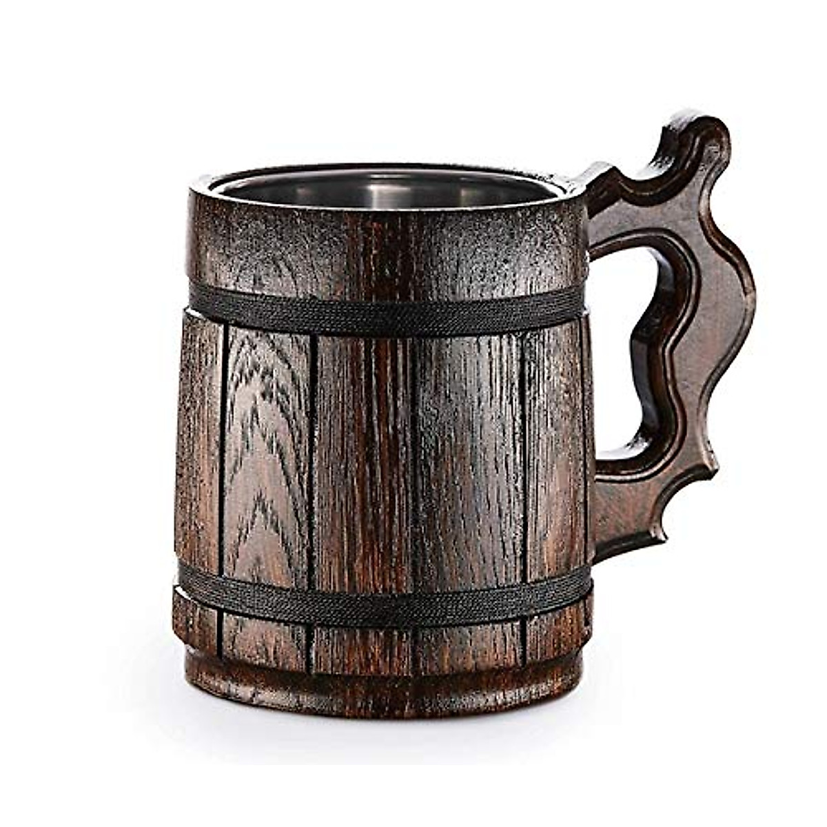 Etno Motif Handmade Wood Mug 20 oz Stainless Steel Cup Carved Natural Beer Stein Old-Fashioned Brown - Wood Carving Beer Mug of Wood Wooden Beer Tankard Capacity: 20oz (600ml) - Great Gift Idea
