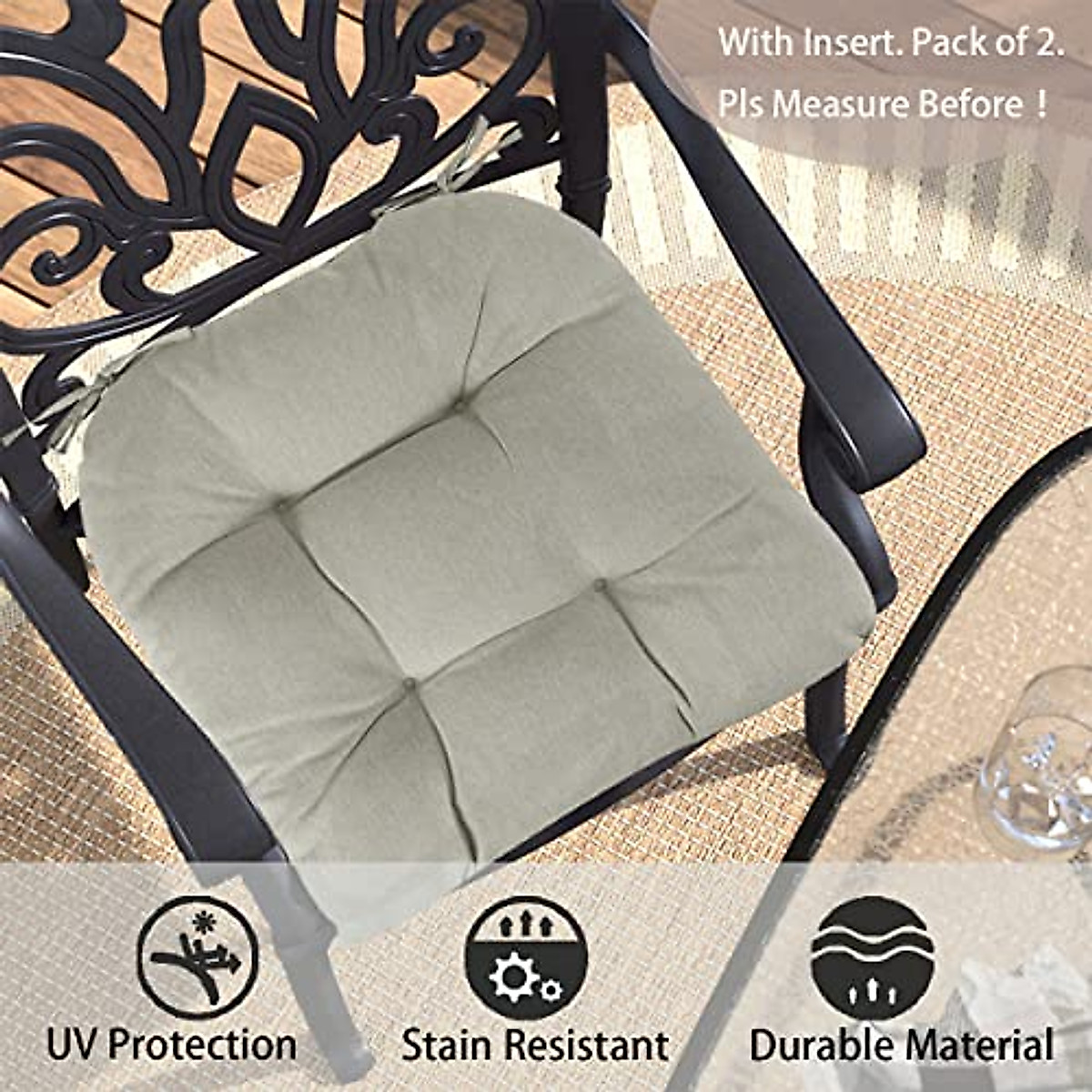 FUNHOME All Weather Patio Furniture Tufted Seat Cushion with Tie,19" x 19",Pack of 2,Waterproof Patio Chair Pads for Garden Patio Outdoor Decor-Light Brown