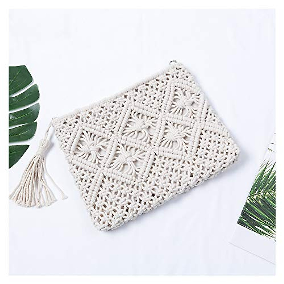 QTKJ Women's Summer Beach Straw Crochet Clutch Bag Woven Envelope Tassel Bag with Zipper (White)