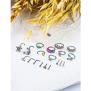 Oicctyzio 20g Nose Rings Studs Hoops for Women Surgical Stainless Steel l Shaped Nose Studs Screw Straight Nose Rings Star Butterfly Opal Heart Nose Ring Studs Nostril Piercing Jewelry Hypoallergenic