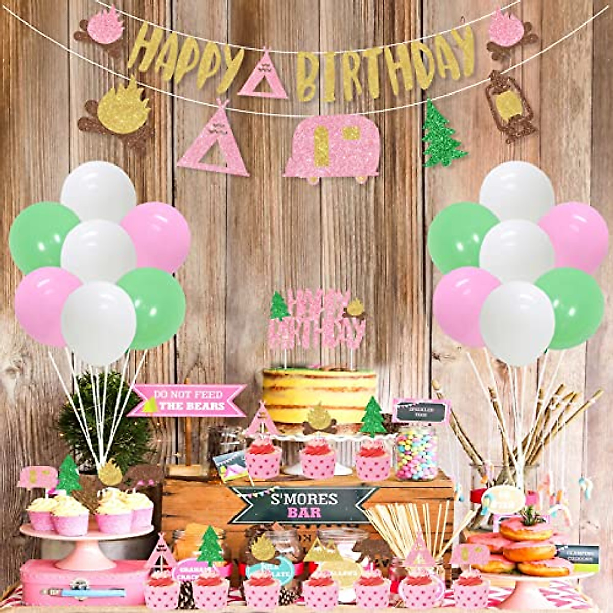 Girl Camping Party Decorations - Pink Camping Party Decorations with Happy Birthday Camping Backdrop, Cake Topper, Banner Garland, Cupcake Topper for Camping Themed Birthday Party Supplies