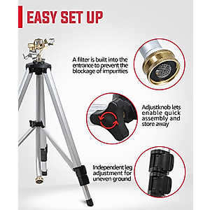 YAMATIC Impact Sprinkler on Adjustable Tripod Base, 360 Degree Large Area, Heavy Duty Adjustable Pulsator Sprinkler for Lawn, Yard and Grass Irrigation, Spray up to 20-90ft(Brass Head)