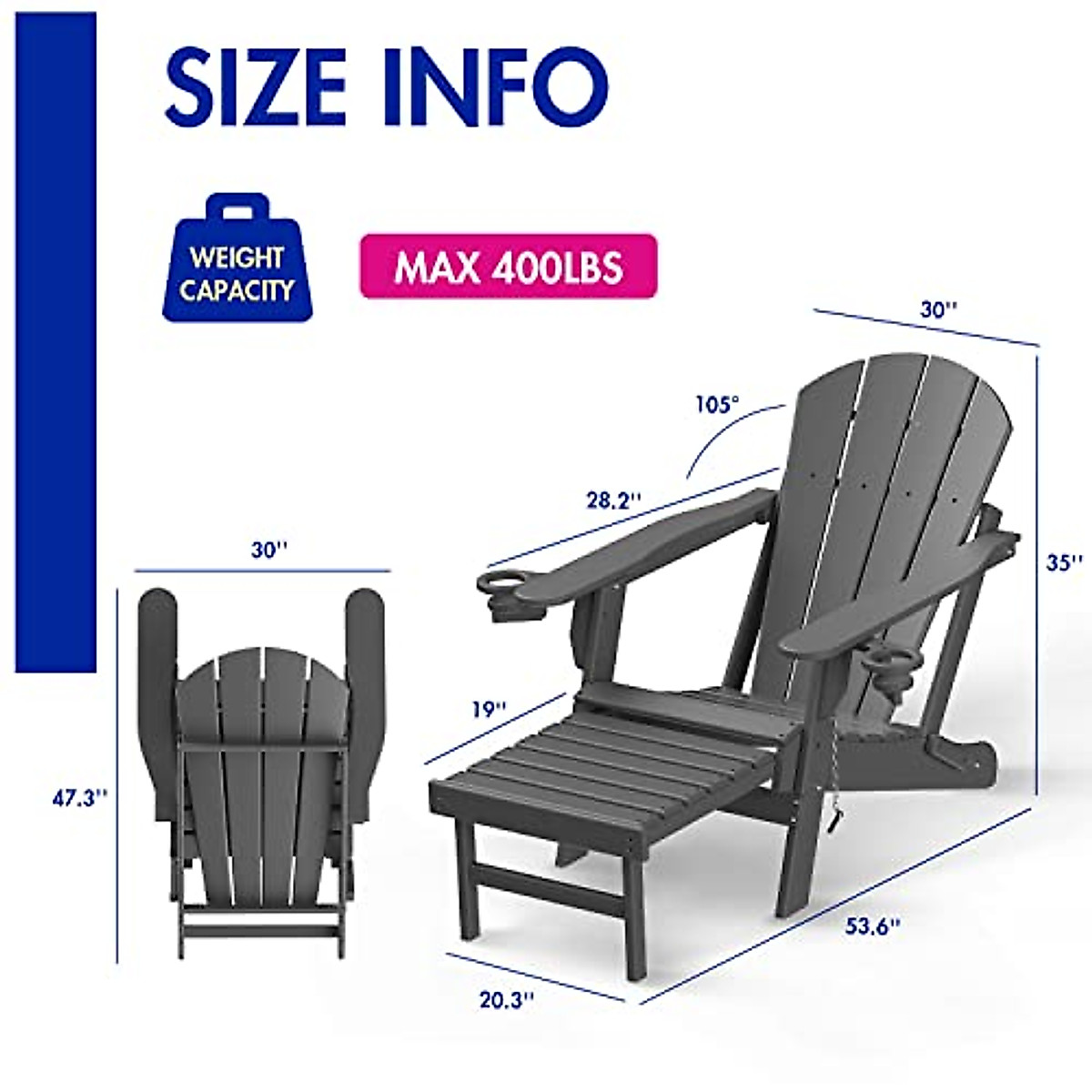 BRIOPAWS Folding Adirondack Chairs with Ottoman Set of 2, Weather Resistant HDPE Patio Chair w/Cup Holders & Retractable Footrest for Poolside Lawn Fire Pit Deck Outdoor Porch Campfire, Grey, 2 Pack