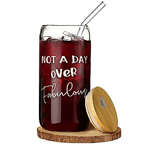 Birthday Gifts for Women - Not A Day Over Fabulous - Funny Gift for Best Friend Sister Wife Coworker Girlfriend Teacher Female - Mothers Day Gift for Mom - Glass Coffee Cups with Lids and Straws 16 Oz