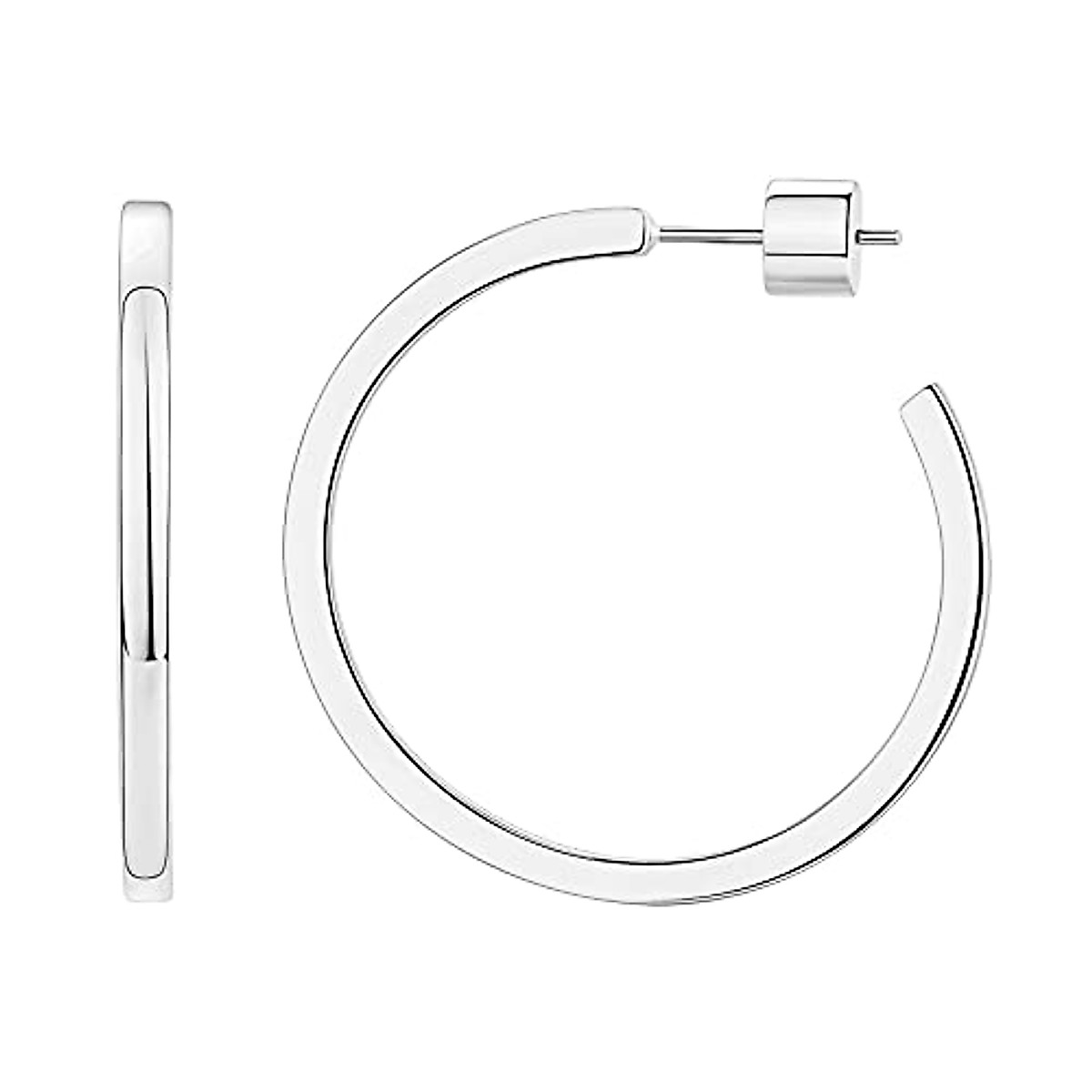 PAVOI 14K White Gold Plated Thin Square Edge Open Hoop Earrings for Women | Leightweight 30MM Diameter Hoops