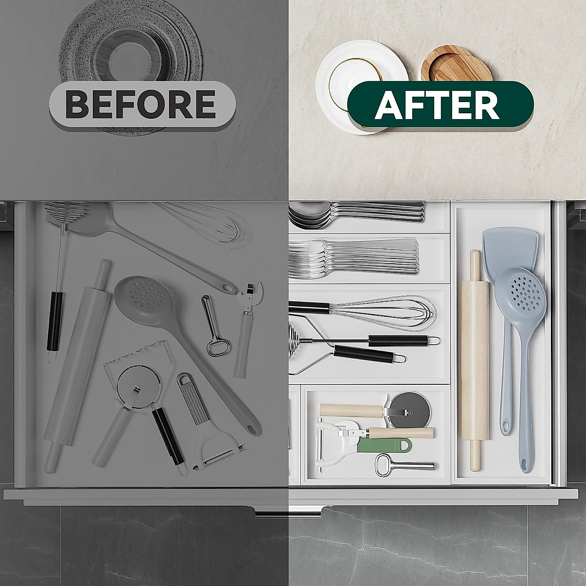 Lixple Utensil Organizer Silverware Drawer Organizer - Set of 2, Stackable Kitchen Organization, Bamboo Storage Box Tray for Kitchen Gadgets Bathroom Countertop (White)