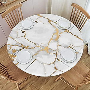 White and Gold Marble Tablecloth with Elastic Edge Fitted Table Cloth Waterproof Polyester Round Table Cover for Kitchen Indoor Dining Party Outdoor Patio Fit Table 45-50 inch