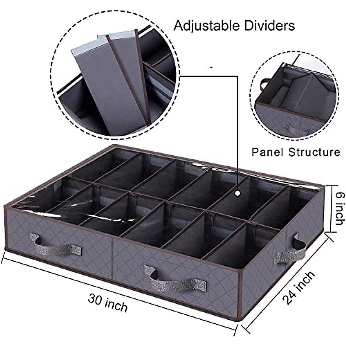 Anyoneer Under Bed Shoe Storage Organizer, Set of 2, Sturdy Structure, Adjustable Dividers, Reinforced Handle, Sturdy Zipper, Fits 24 Pairs Total, Underbed Storage Solution with Clear Window, Breathable, Gray