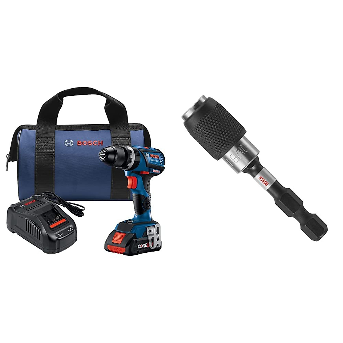 BOSCH GSB18V-535CB15 18V EC Brushless Connected-Ready Compact Tough 1/2 In. Hammer Drill/Driver with (1) CORE18V 4.0 Ah Compact Battery&BOSCH ITBHQC201 2 1/4", Impact Tough Quick Change Bit Holder
