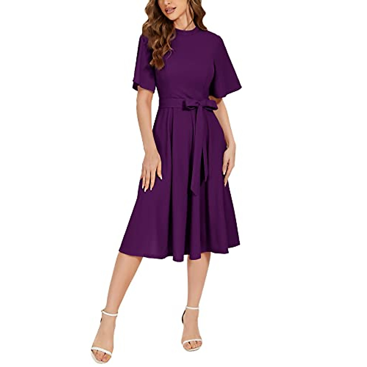 MUADRESS Women Vintage Cocktail Dresses Modest Short Sleeve Classic Tea Dresses Bridesmaid Party Homecoming Dress Grape S