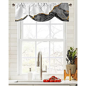 White Black Marble Tie Up Valance for Kitchen Windows, Adjustable Window Valance Kitchen Curtains Window Topper Short Curtain for Living Room, Abstract Gold Liquid Modern Art Rod Pocket Drape 42"x12"