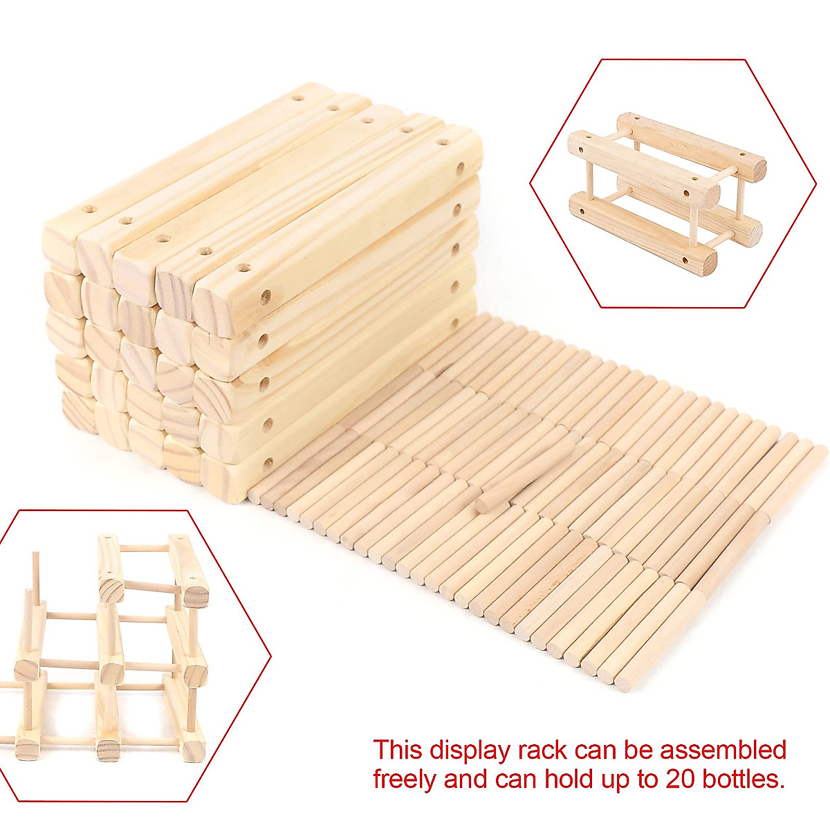 VPABES 20 Bottles Wine Rack Holder, Floor Table Standing Solid Wood Wine Rack, DIY Stackable Modular Wine Bottle Display Storage Organizer Shelf for Home Kitchen Restaurants