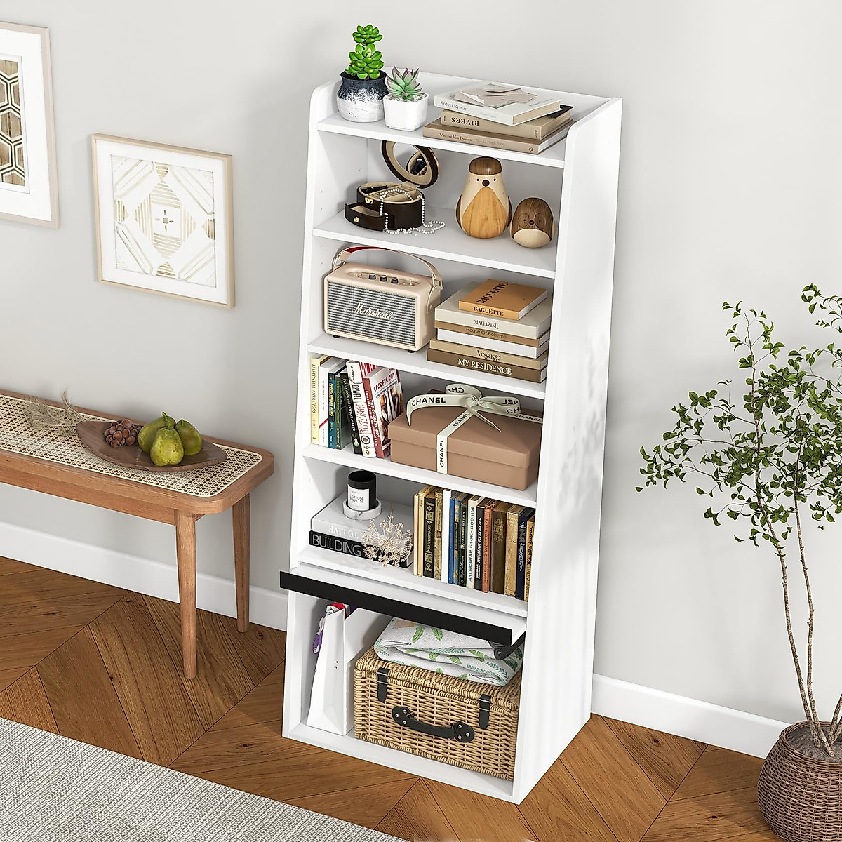 Tangkula White 6 Tier Bookcase, Modern Bookshelf w/ 2 Adjustable Shelves & Flip-up Door, Wood Storage Cabinet w/ 5 Open Shelves, Freestanding Display Shelf for Living Room Study (White, 6 Tier)