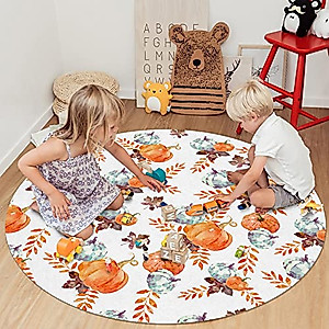 LIFEMUSION Thanksgiving Round Area Rugs, Watercolor Teal Orange Pumpkin Fall Maple Leaf Non-Skid Children Playing Mat, 3ft Soft Circle Farmhouse Rugs for Living Room, Bedroom, Dining Room