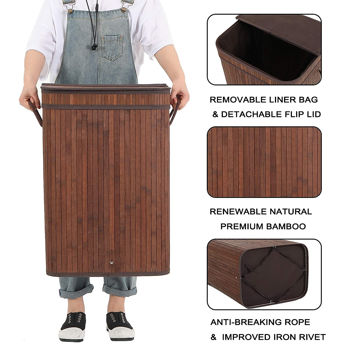 Sophia & William Laundry Hamper with Lid, 72L Bamboo Laundry Basket with Removable Liner, Collapsible Storage Dirty Clothes Basket with Handles for Laundry Bedroom, Dark Brown