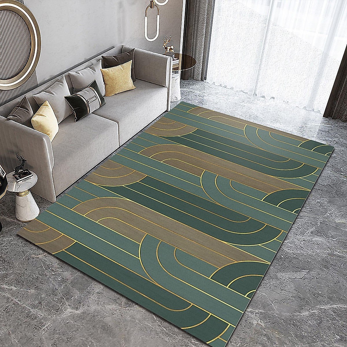 Mid Century Modern 6x9 Rug, Boho Golden Abstract Arch Stripes Living Room Rugs, Soft Breathable Non-Slip Short Pile Non-Shedding Washable Rug for Dining Room Kitchen Bedroom Decor Mats