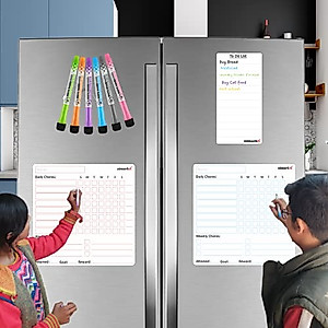 NIMARKX Magnetic Chore Chart Bundle for Multiple Kids: Customizable 2 Reward Charts, 1 to-Do List, 6 Dry Erase Markers - Impart Responsibility to Family Teen Toddler & Adults with Behavior Board