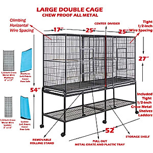 54" Large Double 3-Levels Small Animals Critters Wrought Iron Chew Proof Cage Center Slide Out Divider Tight 1/2-inch Bar Spacing Removable Rolling Stand Ferret Squirrel Chinchilla Rat Mouse