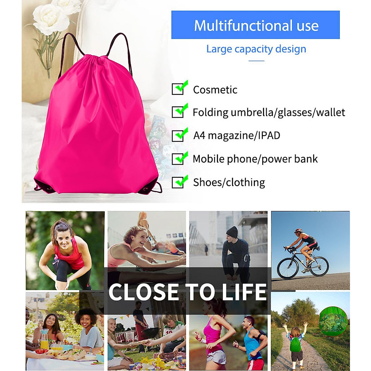 Drawstring Backpacks, 20 Pack Bulk Drawstring Bags, Cinch Bags for Outdoor Sports,travel storage bag,gift bag- Fuchsia