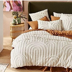 HandloomBazzar 100% Cotton Hand Tufted Textured Duvet Cover Boho Bedding Comforter Cover Set of 3 Pieces with Corner Ties & Zip Closures (Off White/Creame (Design 1), King 90"" x 104""), HBDVT001