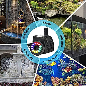 BUYGOO 10Watt 160 GPH Submersible Fountain Pump wiht LED Light Ultra Quiet Durable Small Fountain Water Pump Outdoor for Water Feature, Outdoor Pond, Aquarium fish tanks, Home Décor Fountain