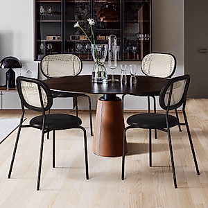 Centiar Velvet Faux Leather Dining Chair Set of 4,Rattan and Wood Backrest with Metal Legs,Modern Mid-Century Industrial Upholstered Round seat Chairs Suitable for Home,Bistro Coffee Shops,18",Black