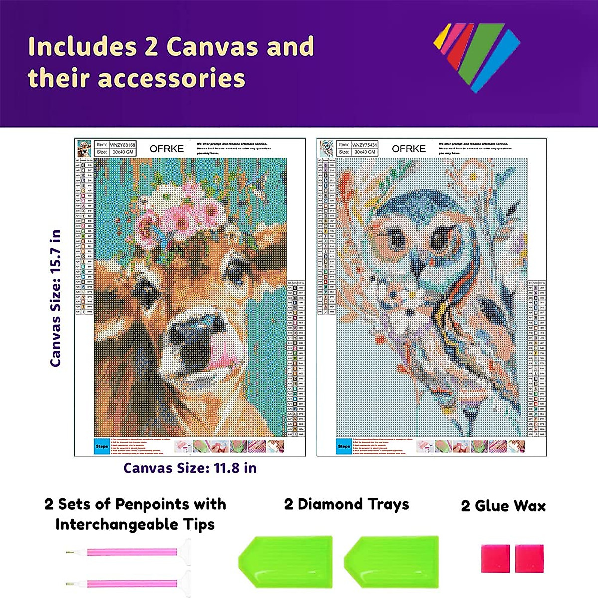 2-Piece Diamond Painting Kitsfor Adults, 5D DlYFull Drill Round Art Gems Owland Cow Diamond Art Perfect for Home Wall Deco Diamond 12"x16"