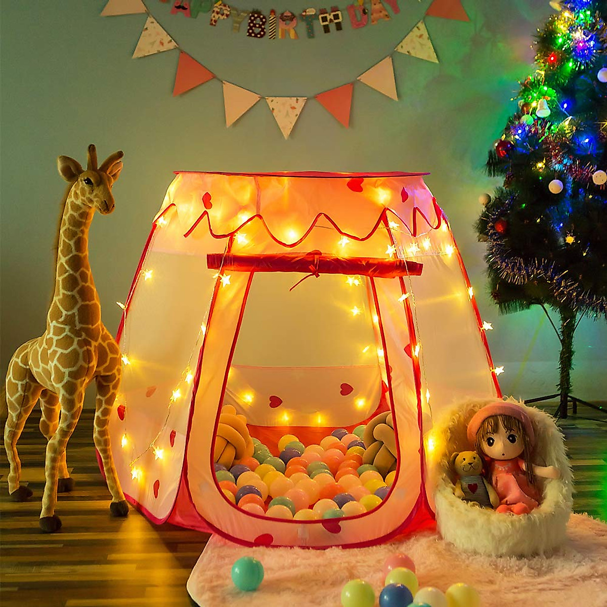 Crayline Pop Up Princess Tent with Star Light, Toys for 1 2 3 Year Old Girl Birthday Gift, Ball Pit for 12-18 Months Toddler Girl Toys, Easy to Pop Up and Assemble(Pink)