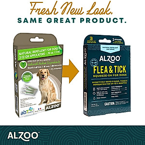 ALZOO Flea & Tick Squeeze-On for Dogs, Helps Repel Fleas, Ticks & Mosquitos, Up to 3-Months Protection, 100% Plant-Based Active Ingredients, Water-Resistant, 3 EZ-On Applicators Per Pack