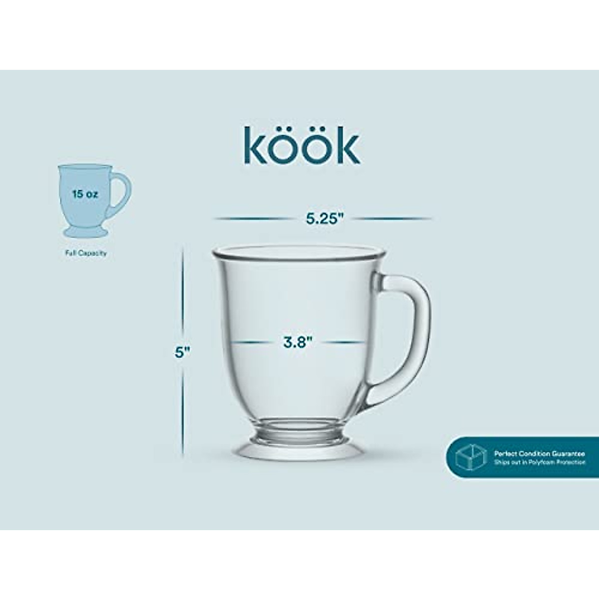 Kook Glass Coffee Mugs, with Handles, Clear Tea Cups, for Drinking Hot Beverages, Latte, Cappuccino, Espresso, Large Capacity, 15 oz, Set of 6