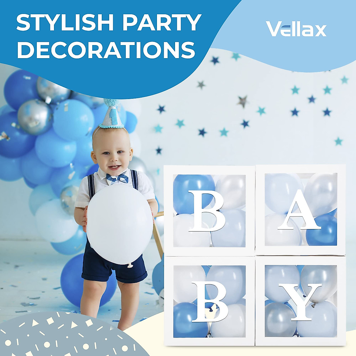 Baby Boxes with Letters for Baby Shower - Baby Shower Decorations of 44 pcs, 32 Blue Silver White Balloons, 4 White Blocks, 8 Letters, Perfect Party Decor