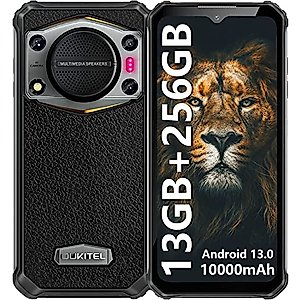 OUKITEL WP22 Rugged Smartphone Unlocked, 13+256GB Large Storage Helio P90 125db Large Speaker 10000mAh Battery 48MP+20MP Night Vision Camera 6.58" FHD Screen Android 13 IP68/IP69K 4G Dual Sim NFC OTG