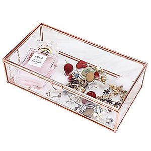 HighFree Vintage Pink Glass Lidded Box, Decorative Jewelry Keepsake Display Organizer, Clear Rectangle Box, Rings Bracelet Organizer for Wedding Birthday Party (Pink)