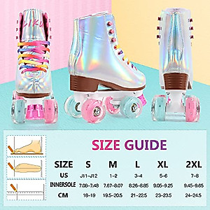 LIKU Quad Roller Skates for Girl and Women with All Wheel Light Up,Indoor/Outdoor Lace-Up Fun Illuminating Roller Skate for Kid (Shiny, J12-J13)