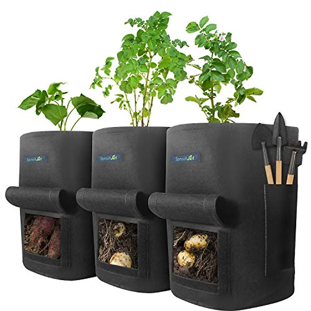 SproutJet The Original Potato Bags for Growing Potatoes 3 Pack 10 Gallon Waterproof Container with Sturdy Handles and Drainage Holes - The Ultimate Solution for Healthier and Faster Growing Potatoes
