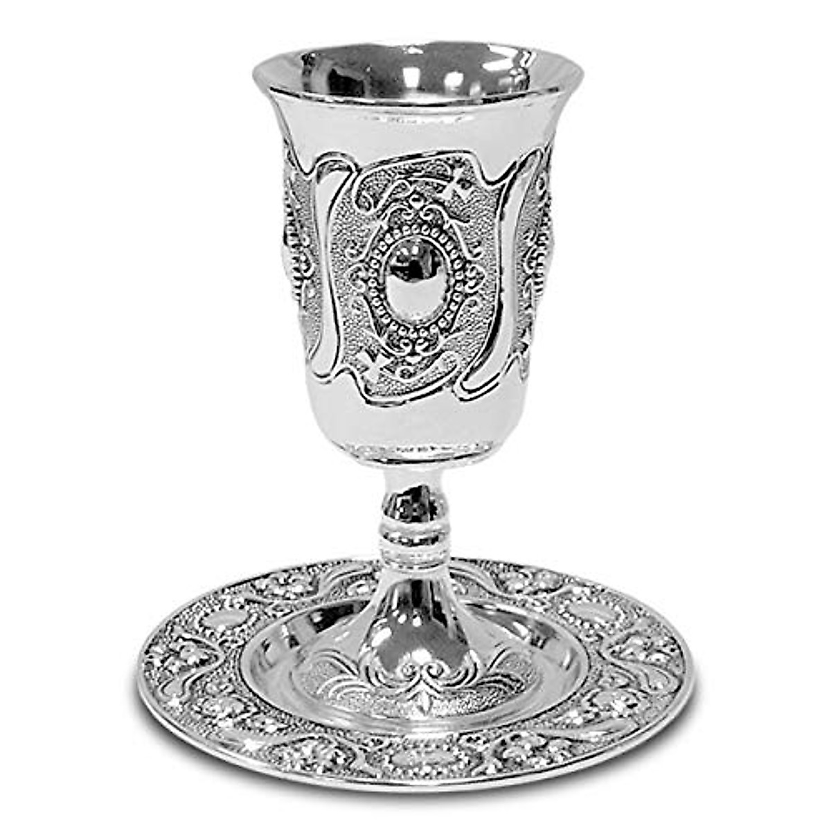 Ner Mitzvah Tall Kiddush Cup and Tray - Premium Quality Silver Plated Goblet With Stem - Shabbat and Havdalah Goblet - Judaica Shabbos and Holiday Gift