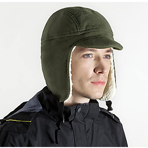 Connectyle Mens Fleece Beanie Hat with Ear Flap Warm Winter Hats with Brim Outdoor Fishing Skull Cap Army Green
