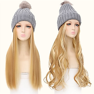KLKKK Winter Beanie Gray Hat Synthetic Hair with Hair Extension Heat retention Vertical for Women Straight Hair Wavy Hair (Color : Gray, Size : Straight)