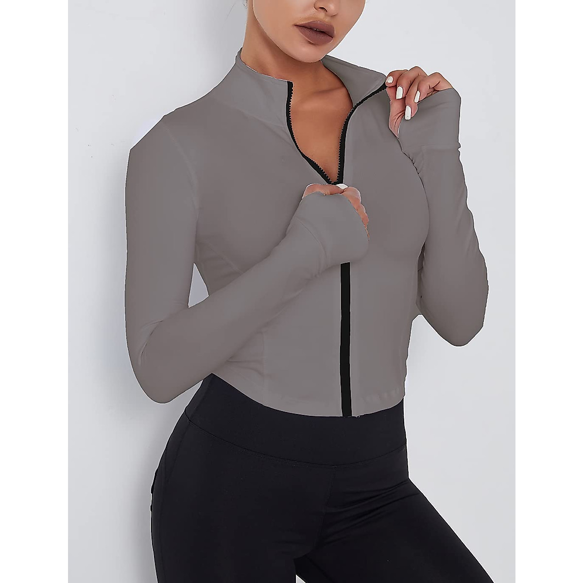 Fenclushy Womens Cropped Slim Athletic Yoga Workout Track Sports Zip Up Jacket with Thumb Holes(khaki,S)