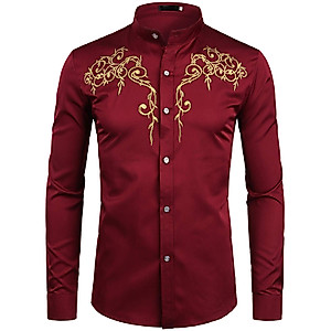 ZEROYAA Mens Hipster Design Golden Floral Embroidery Slim Fit Long Sleeve Mandarin Collar Shirts Tops ZZCL08 Burgundy Large
