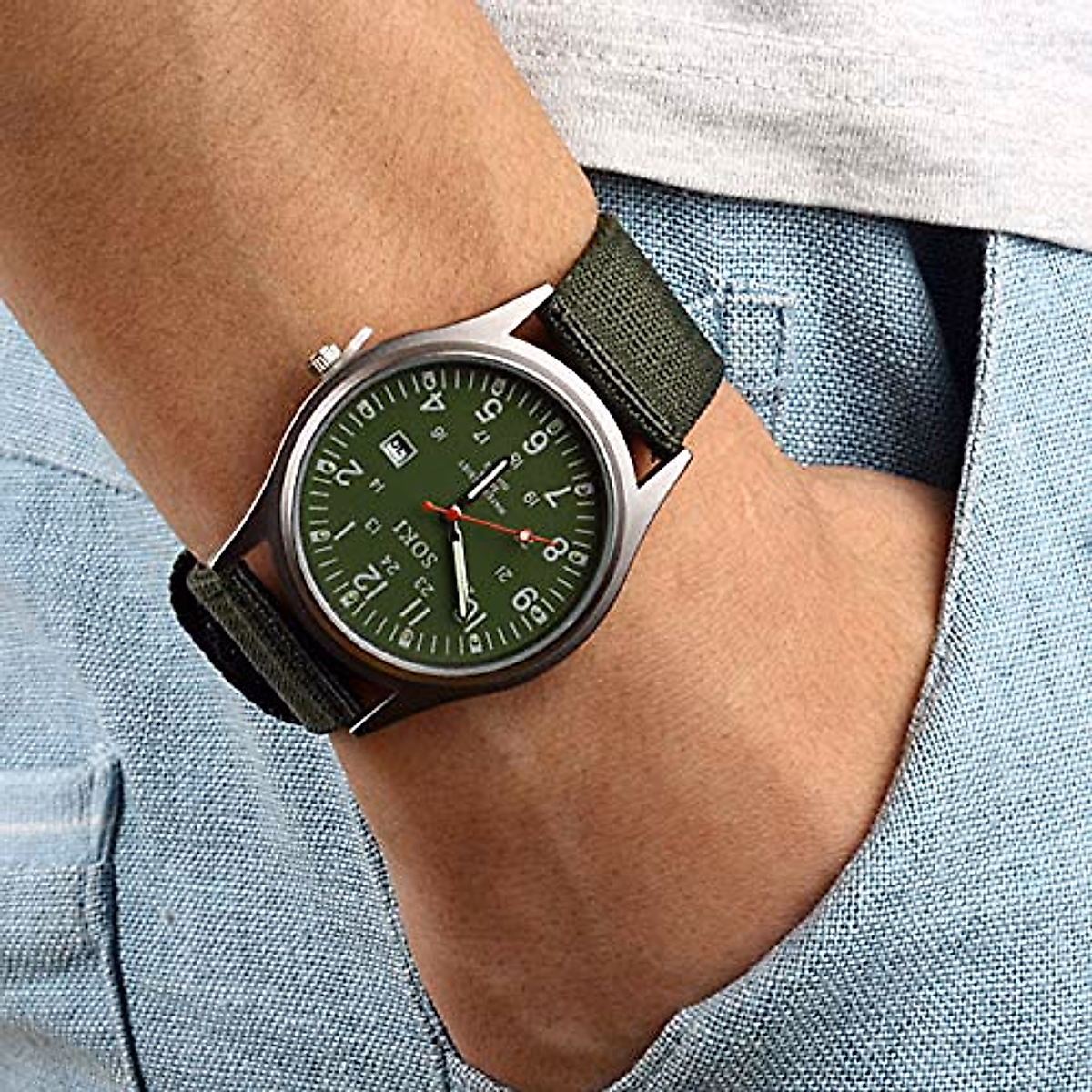 JewelryWe Men's Military Green Dial Nylon Strap Quartz Calendar Wrist Watch Night Vision Luminous Wristwatch for Father's Day